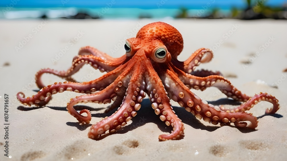 Realistic photograph of a cute and beautiful red octopus sitting on a ...