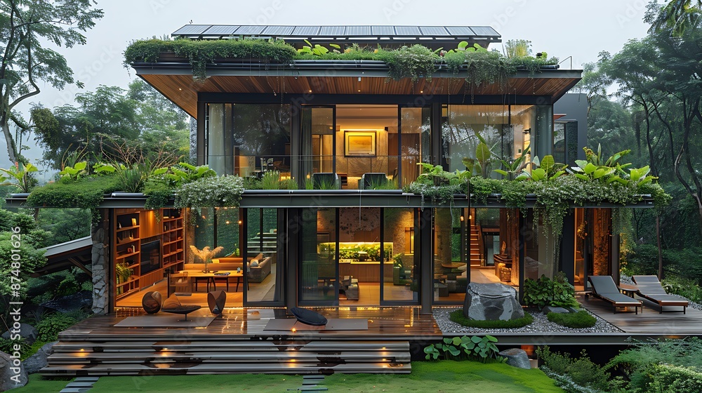 Green building project integrating solar panels, rainwater harvesting ...