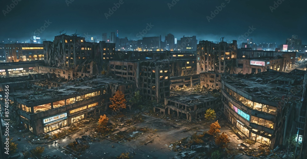 dark dystopian cyberpunk abandoned derelict city buildings parking lot ...