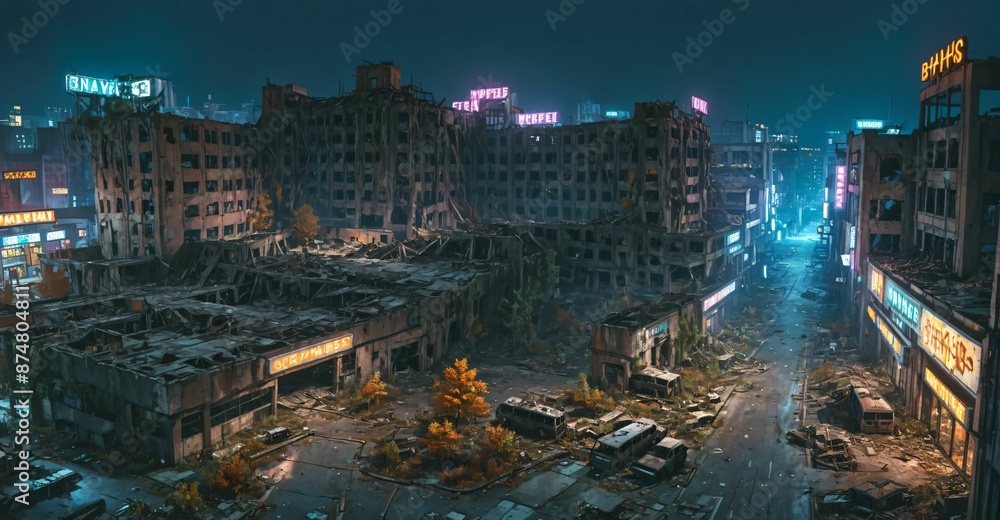 dark dystopian cyberpunk abandoned derelict city buildings parking lot ...