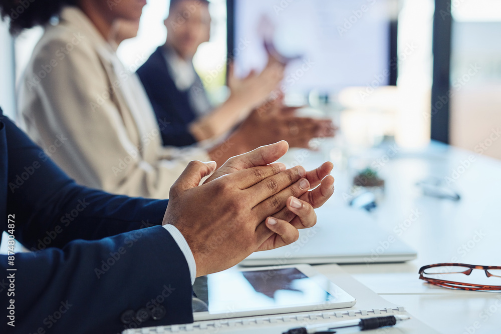 Business, people and hands clapping in workplace, applause and celebration gesture for job well ...