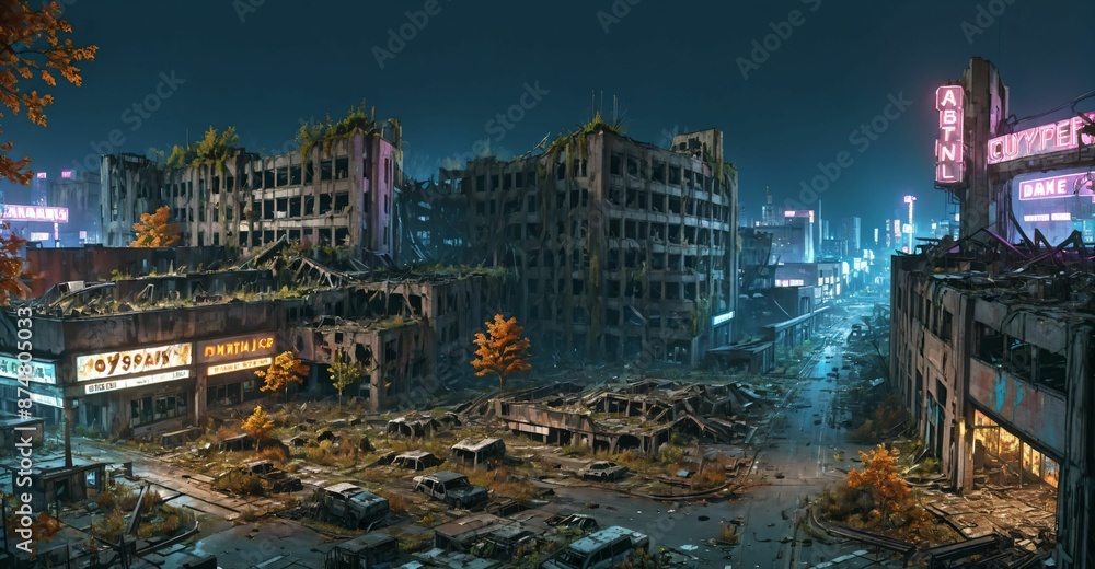 dark dystopian cyberpunk abandoned derelict city buildings parking lot ...