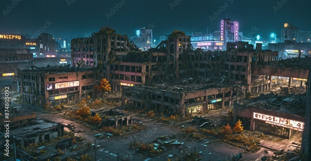 dark dystopian cyberpunk abandoned derelict city buildings parking lot ...