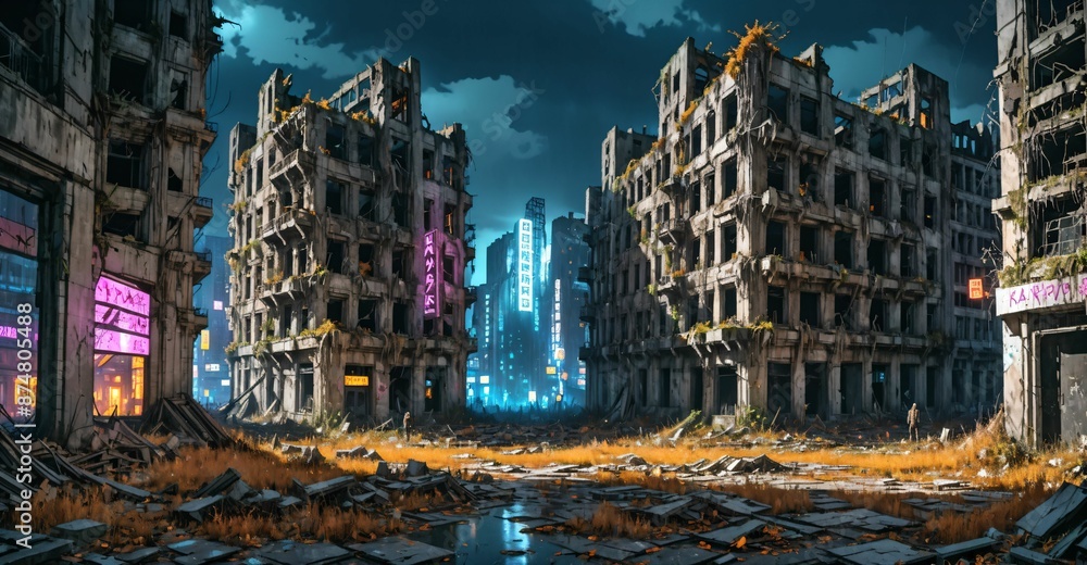 dark dystopian cyberpunk abandoned derelict city buildings in post ...
