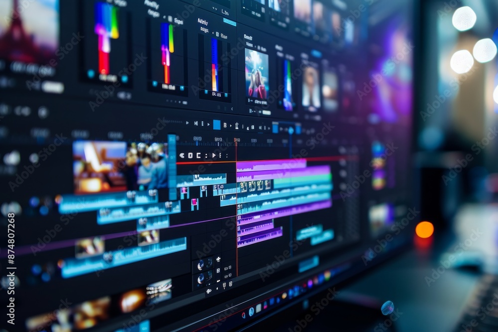 A computer monitor screen displays a video editing timeline with a ...