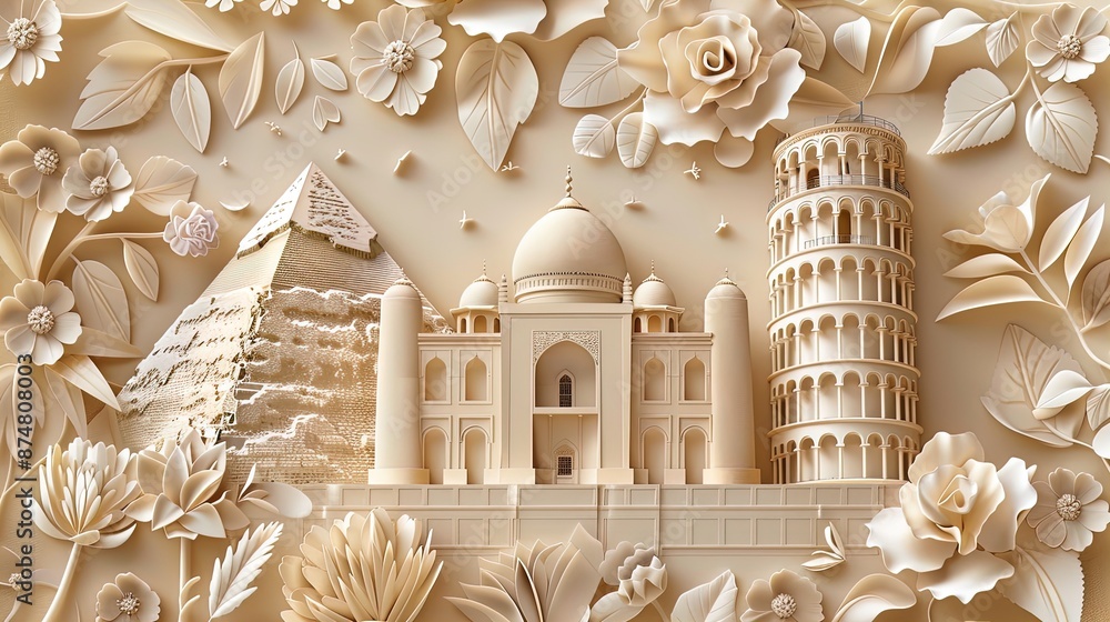Pyramid and Leaning Tower of Pisa surrounded by detailed beige floral ...
