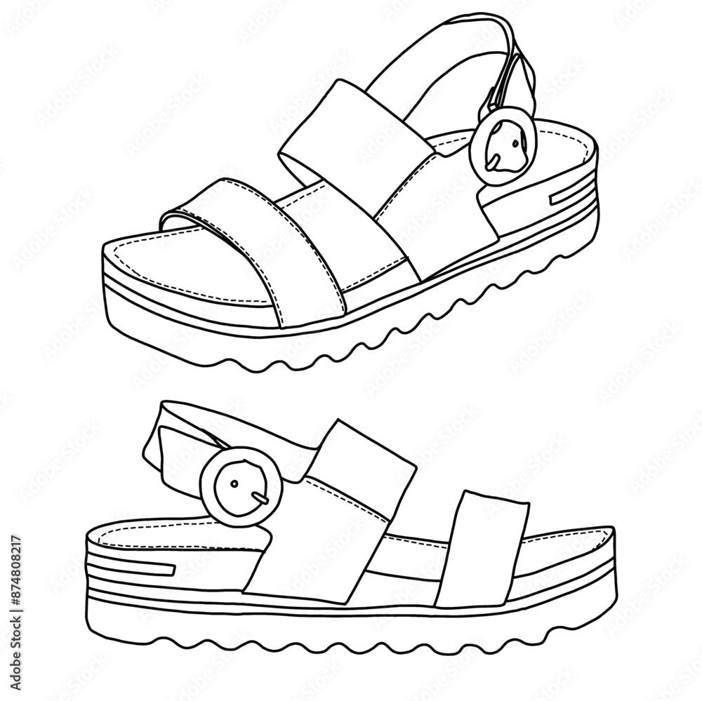 Women's Vista Hi Buckle Sandals Line art, Technical sketch hand drawing ...