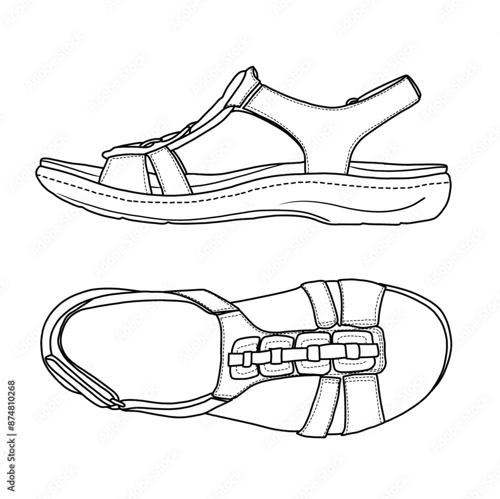 Women's Flat Sandal Line art, Technical sketch hand drawing outline ...