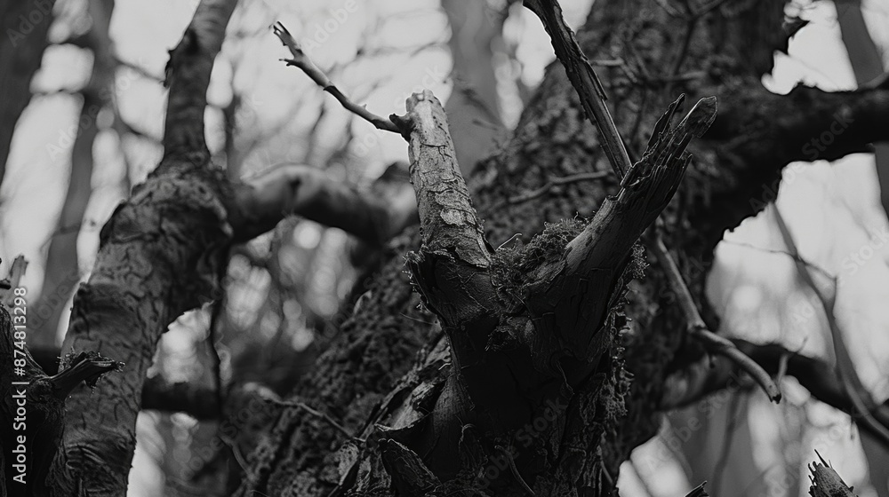 The gnarled trees stretch upwards like skeletal fingers their bark ...