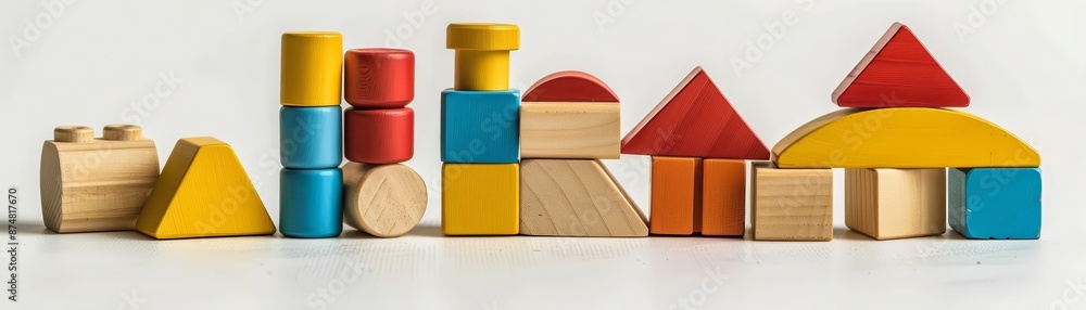 Classic wooden building blocks, primary colors, simple shapes ...
