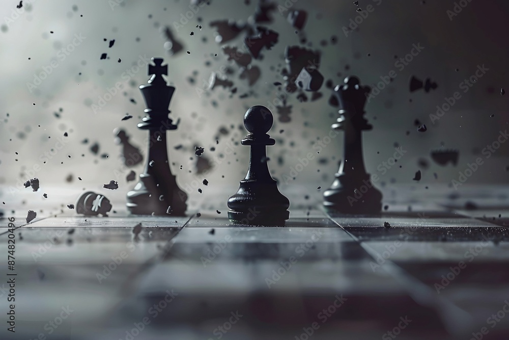rough battle of chessboard with crushed chess pieces particles ...