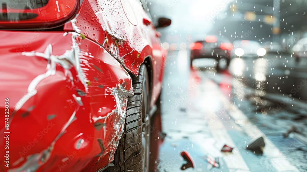 Red car with rear-end damage from a traffic accident, shown in close-up ...