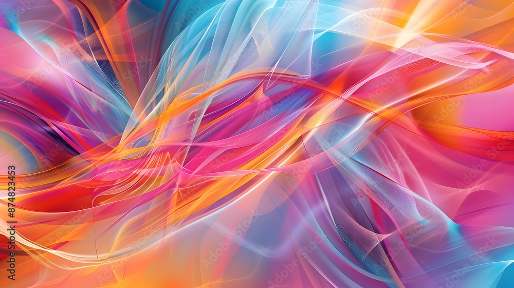 A vibrant abstract background featuring dynamic, flowing lines in a spectrum of bright colors ...