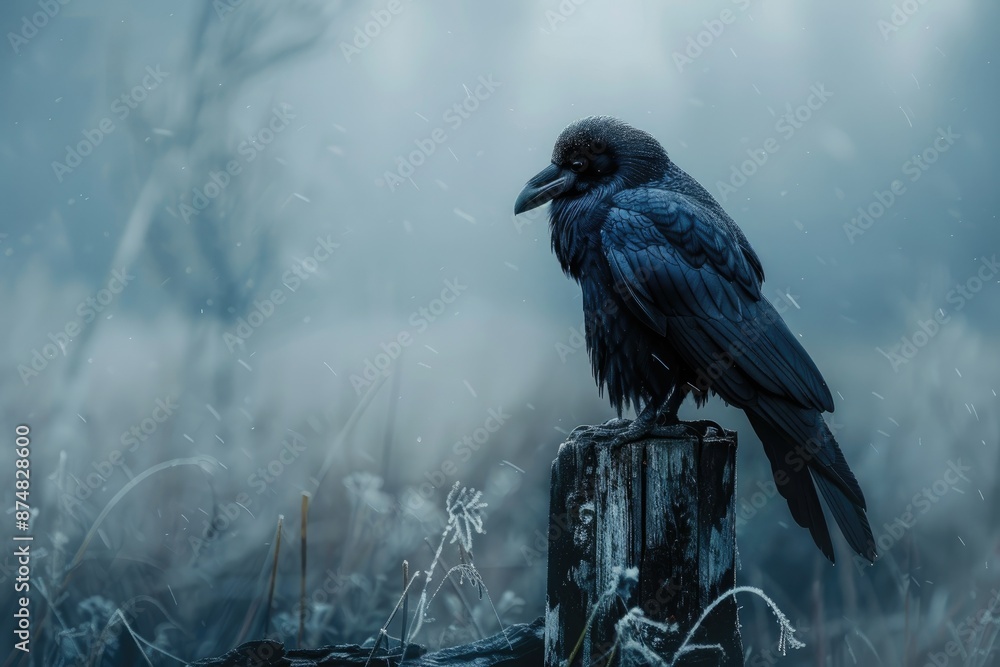 Raven in the Mist - A single raven sits on a weathered post in a misty ...