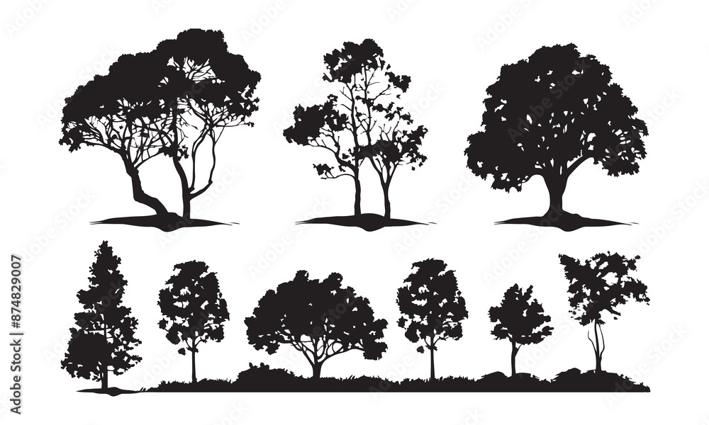 set of trees silhouettes , side view black outline , drawing of ...