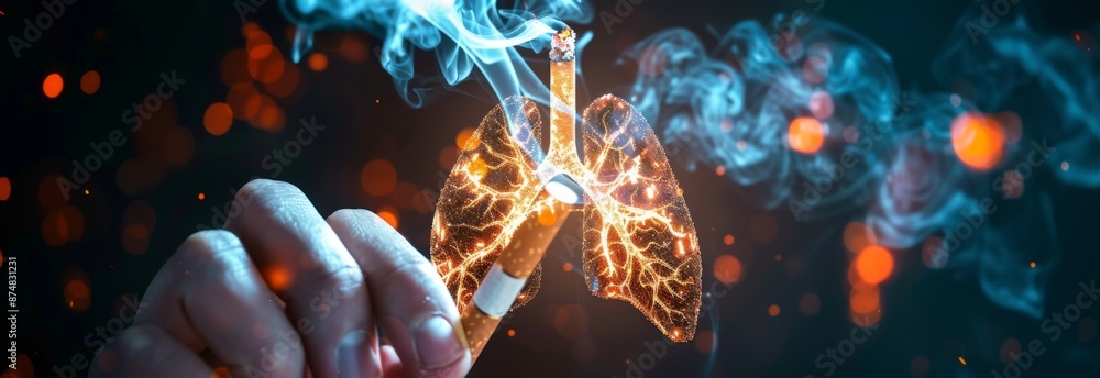 Dangers of smoking: smoker holding cigarette, smoke coming out of lungs ...