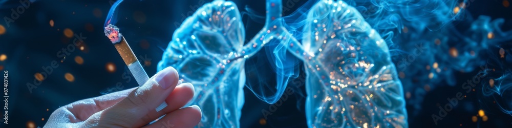 Dangers of smoking: smoker holding cigarette, smoke coming out of lungs ...