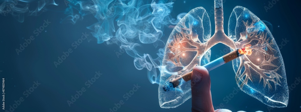 Dangers of smoking: smoker holding cigarette, smoke coming out of lungs ...