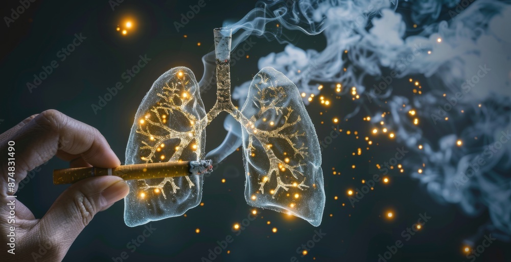 Dangers of smoking: smoker holding cigarette, smoke coming out of lungs ...