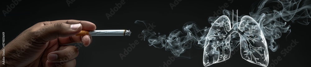 Dangers of smoking: smoker holding cigarette, smoke coming out of lungs ...