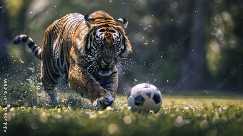 Action photograph of a tiger playing soccer, fiercely chasing a soccer ...