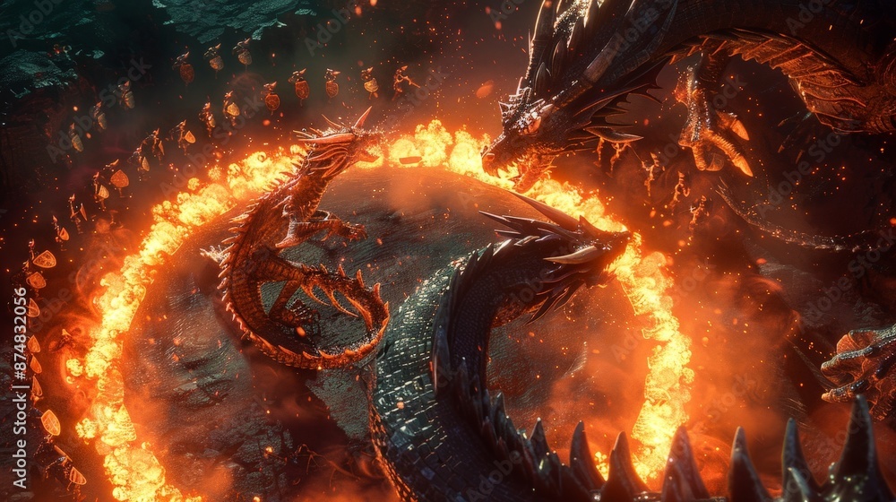 Flames burst forth as a three-headed dragon and a two-headed dragon ...