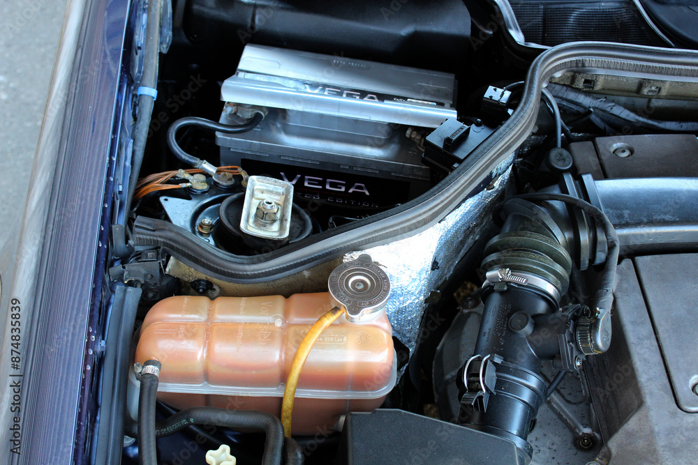 Vinnytsia, Ukraine; June 29, 2024. Old classic car Mercedes W124 engine ...