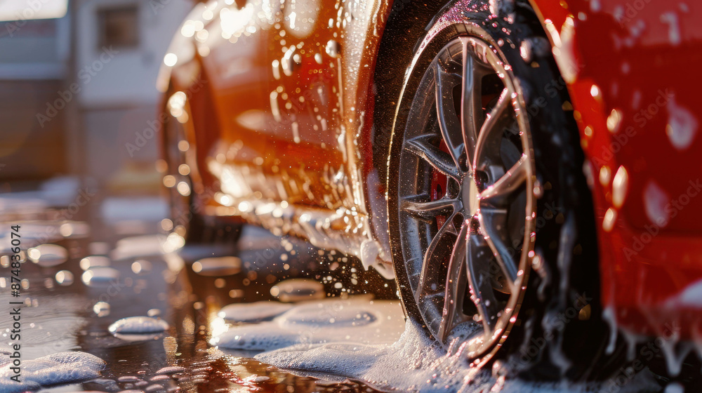 Detailed close-up shots of cars being washed, featuring soapy water ...