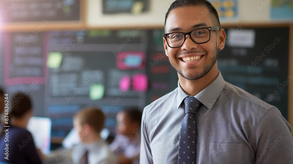 Smiling Male Teacher in Classroom Setting, Wearing Shirt and Tie ...