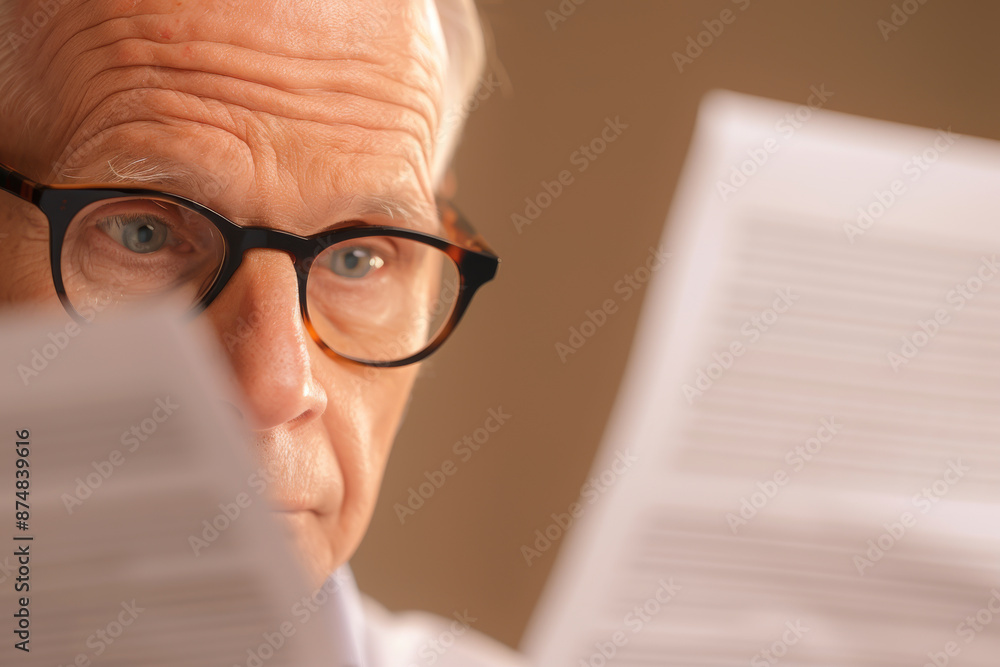 Elderly man with glasses intensely reading documents. Background ...