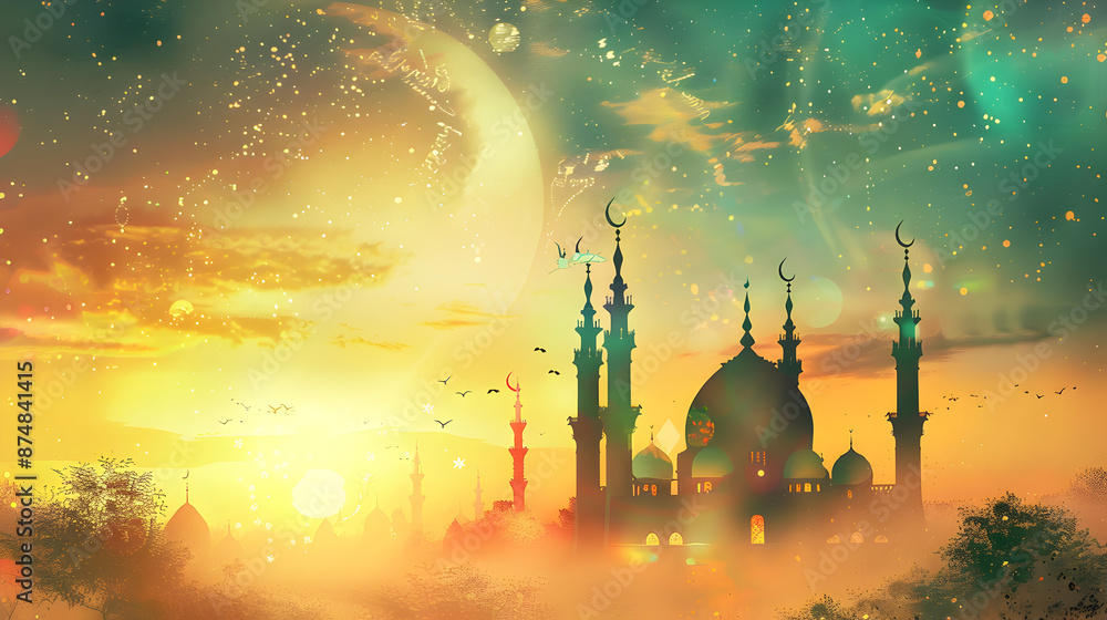 Ramadan Islamic Background Mosque Green And Gold Color With Mosque ...
