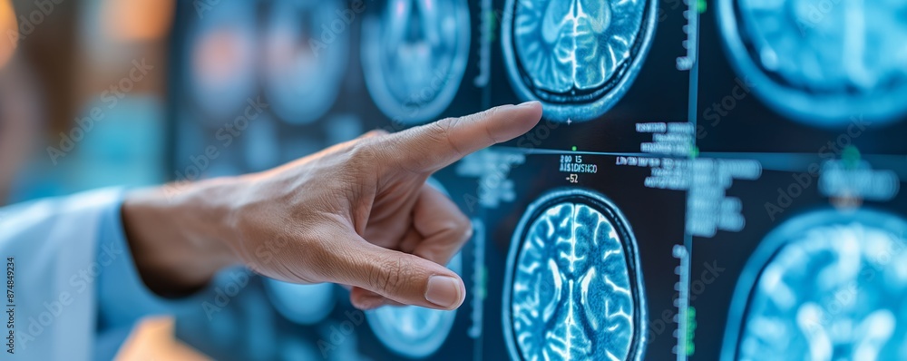A doctor examines brain scan images on a high-tech monitor, pointing ...