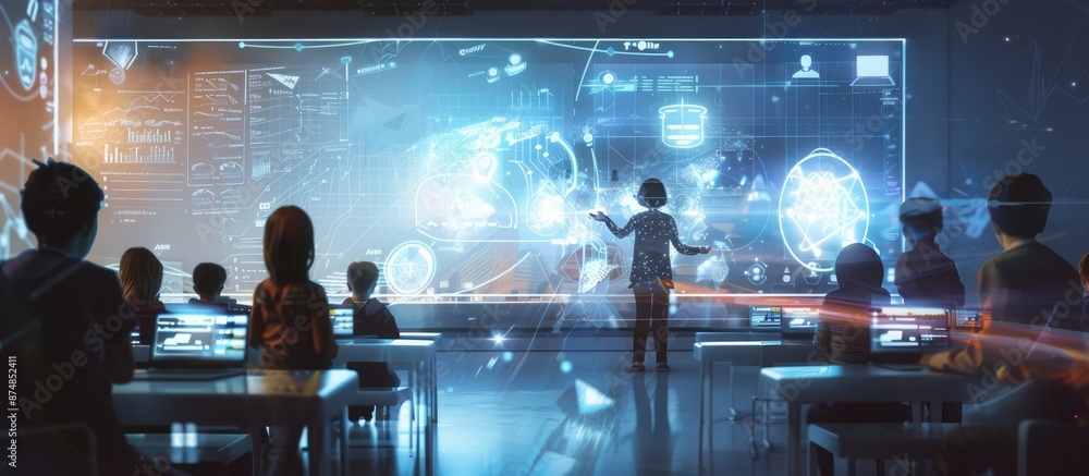 A futuristic classroom where a human teacher and an AI assistant engage ...