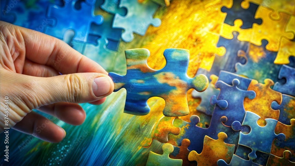 Hand Placing Colorful Puzzle Piece in Vibrant Landscape Jigsaw Puzzle ...