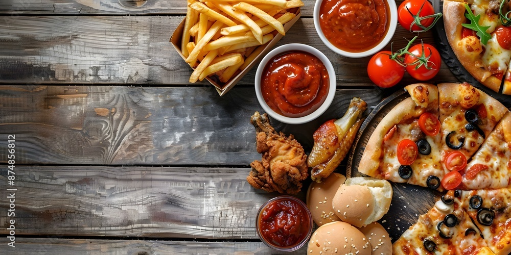 ภาพประกอบสต็อก Assortment of Fast Food Items Displayed on a Wooden ...