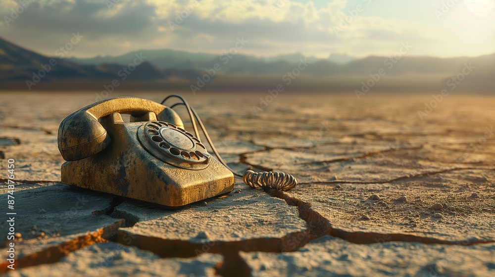 Vintage rotary telephone on cracked dry ground, symbolizing ...