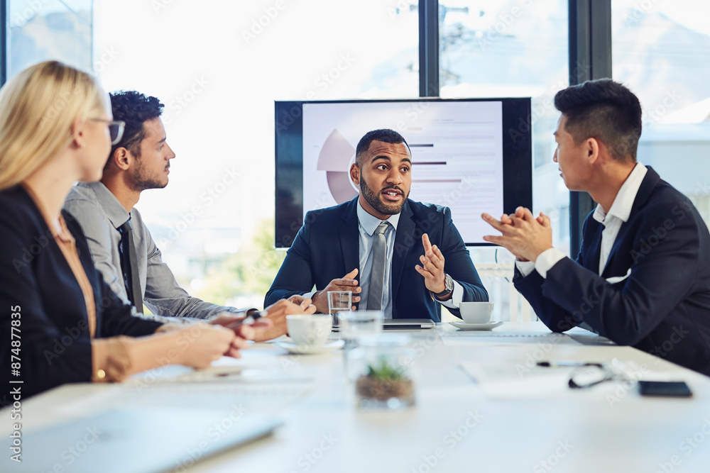 Feedback, charts and business people in meeting, planning and ...