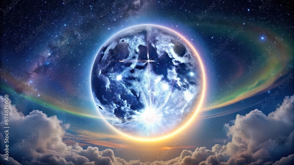 Moon halo in night sky with colorful ring around the moon, moon halo ...