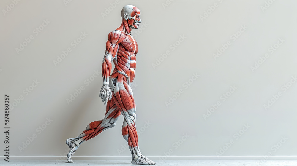 Detailed anatomical model showing human muscles in a walking pose ...