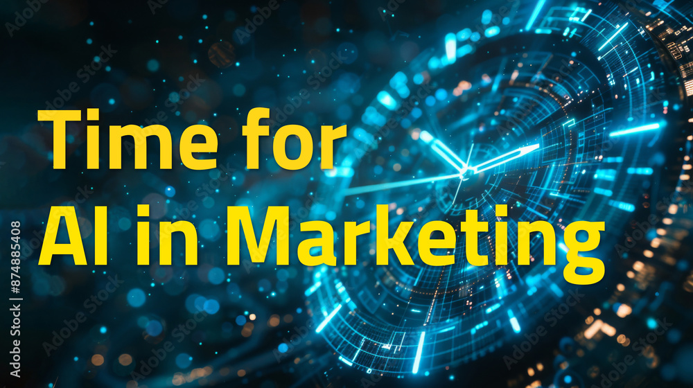 Time for AI in Marketing text next to a futuristic neon clock on a dark ...