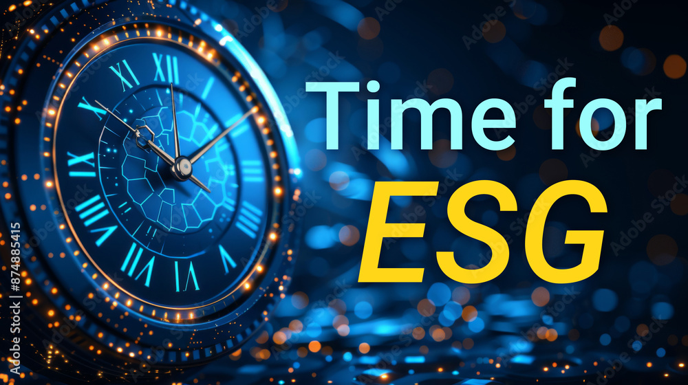 Time for ESG text next to a futuristic neon clock on a dark background ...