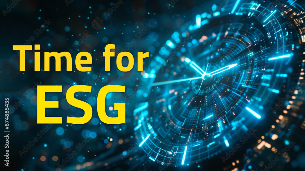 Time for ESG text next to a futuristic neon clock on a dark background ...