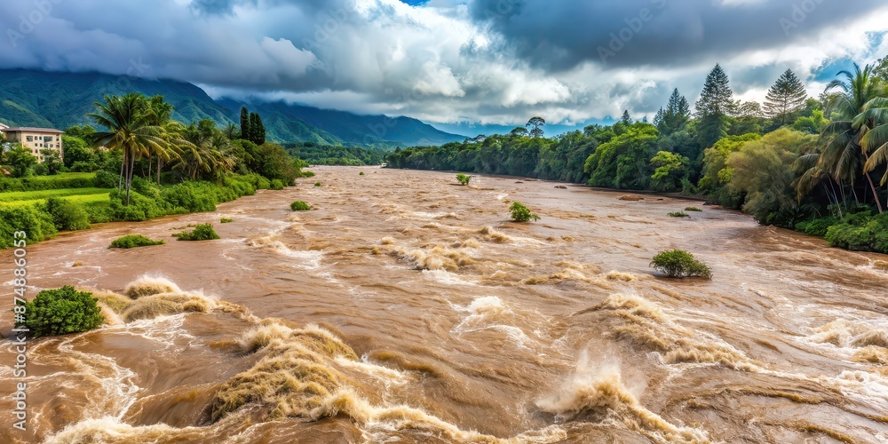 River in flood in Reunion island, flood, overflowing, water, nature, disaster, extreme, weather ...