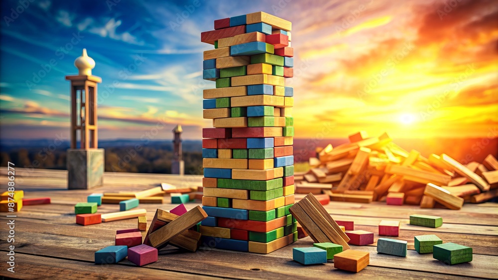 Colorful wooden block puzzle with precarious tower and collapsed rubble ...