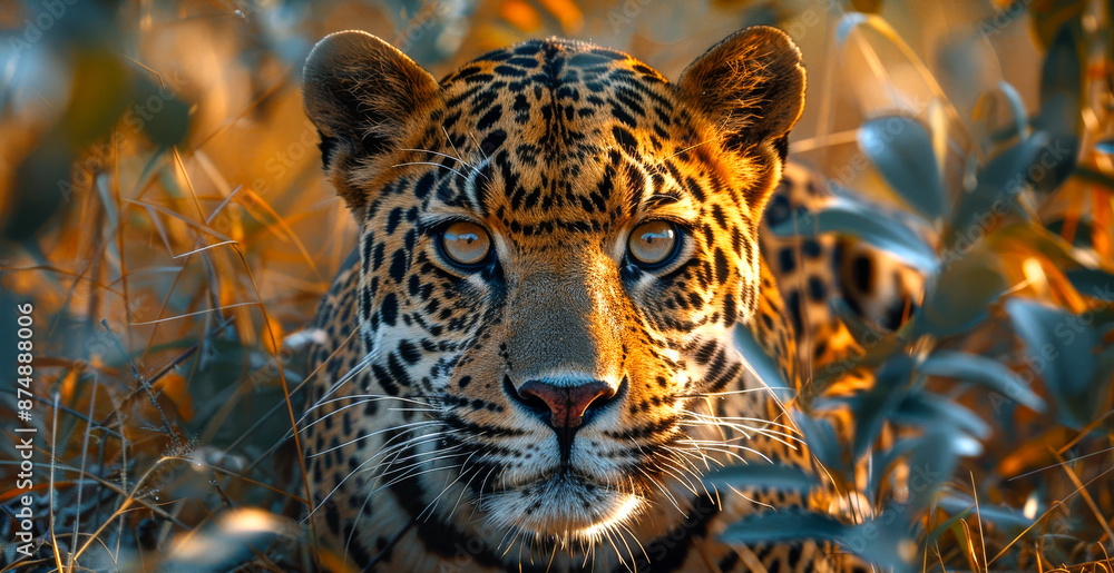 Leopard Stares Through Foliage. A leopard stares intently through tall ...
