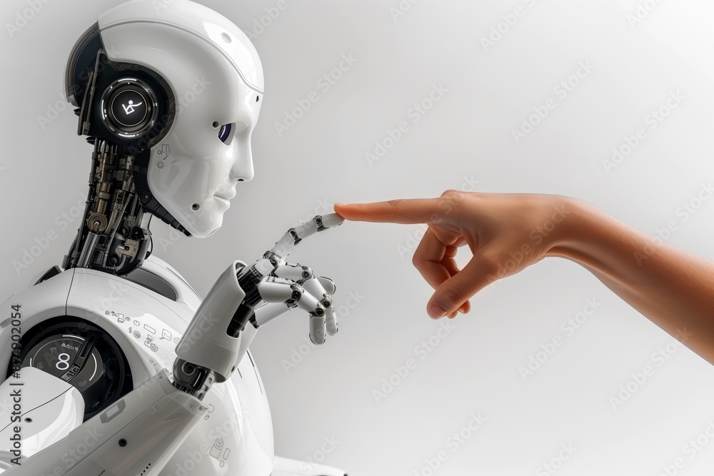 Humanoid robot reaching out to touch a human hand. Human-robot ...