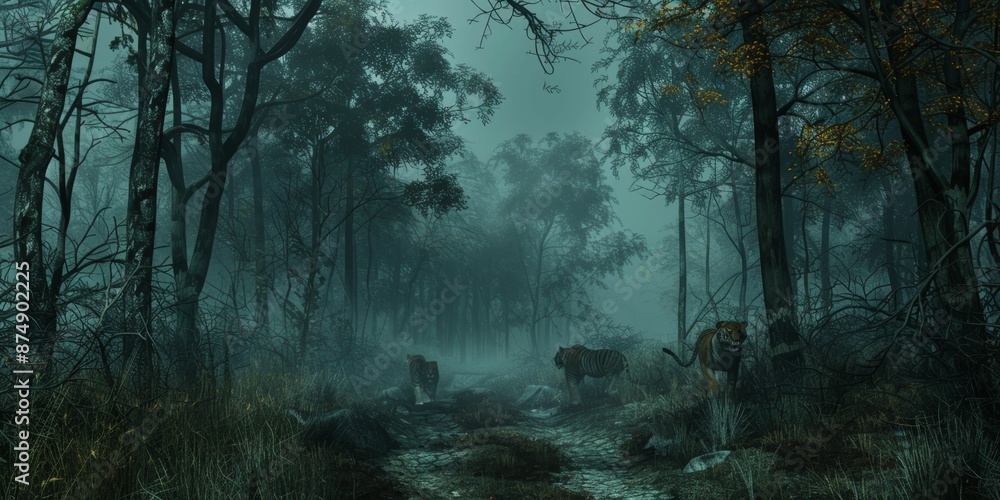 Dark, misty forest with eerie atmosphere, running tiger, Halloween ...