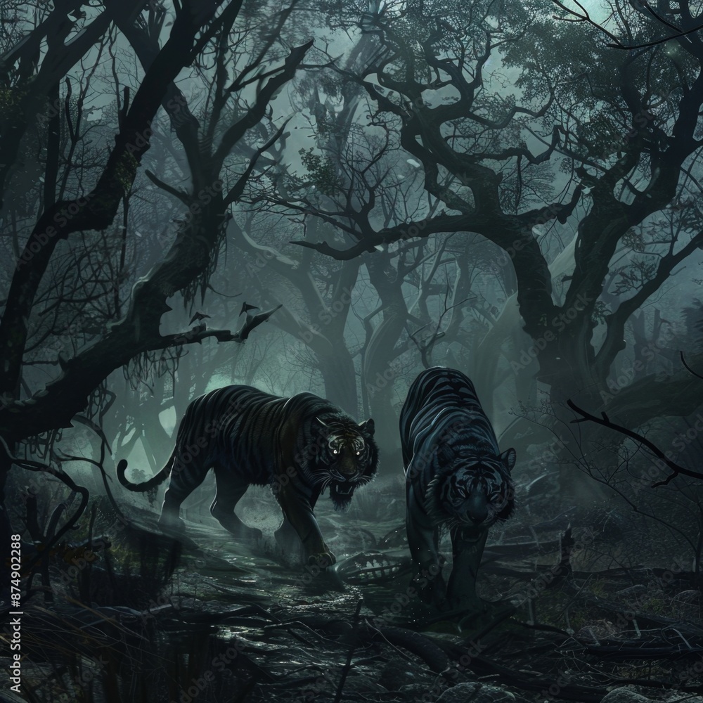 Dark, misty forest with eerie atmosphere, running tiger, Halloween ...