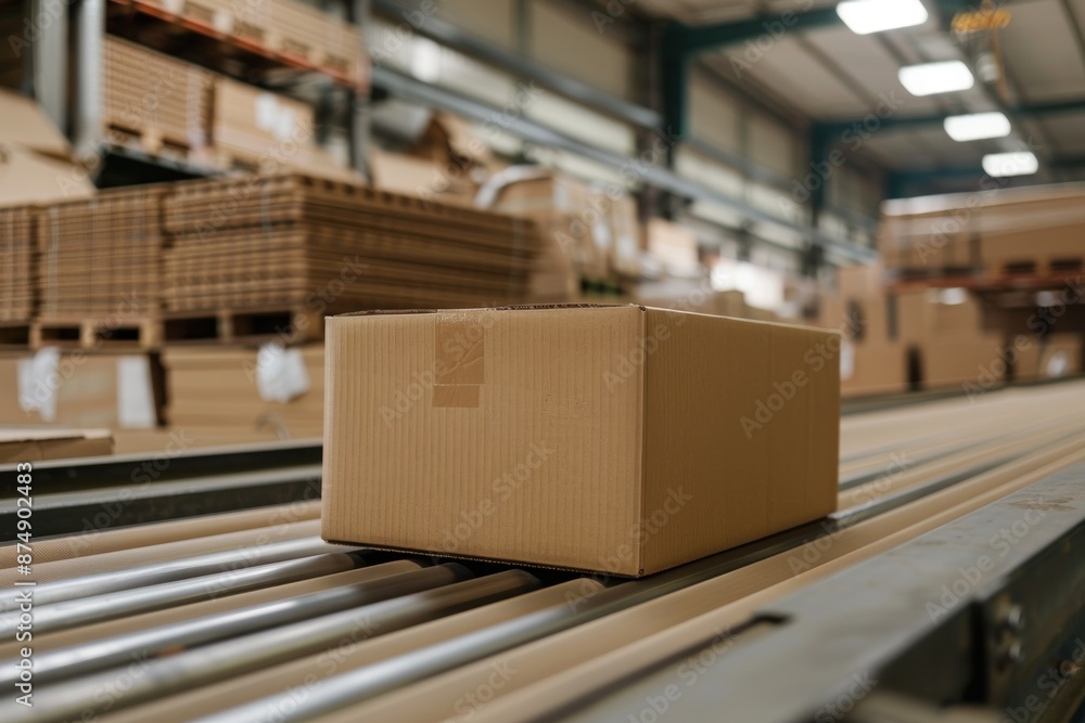 conveyor belt in a packaging warehouse, surrounded by stacks of corrugated cardboard sheets and ...