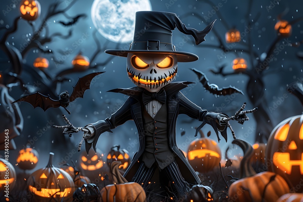 Spooky scarecrow with glowing eyes and jack o lanterns in a haunted ...